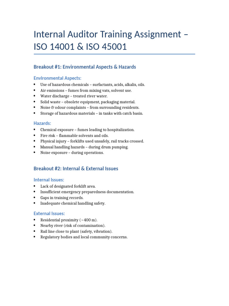 Internal Auditor Assignment ISO 14001 45001 | PDF | Hazards | Dangerous Goods