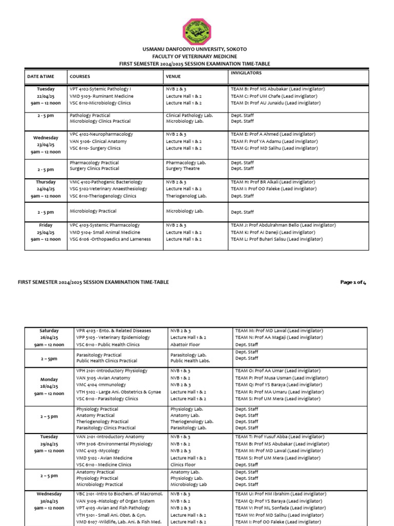Approved First Semester Exam Timetable 2024-2025 | PDF | Medicine | Biology