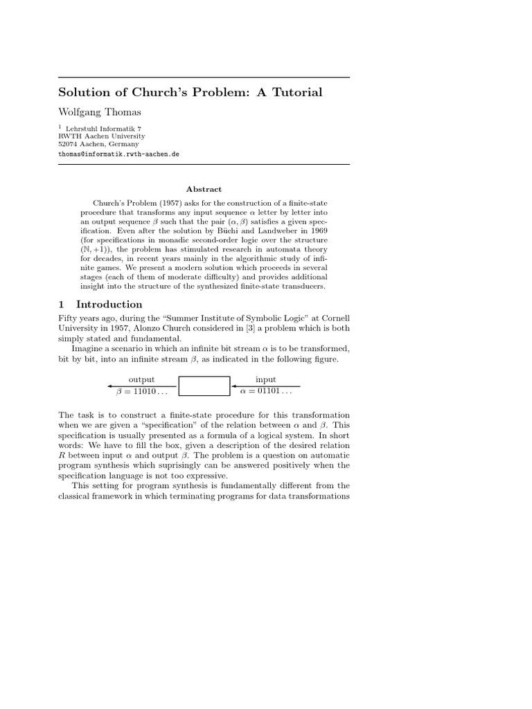 Church's Problem: Finite-State Solutions | PDF | Automata Theory ...