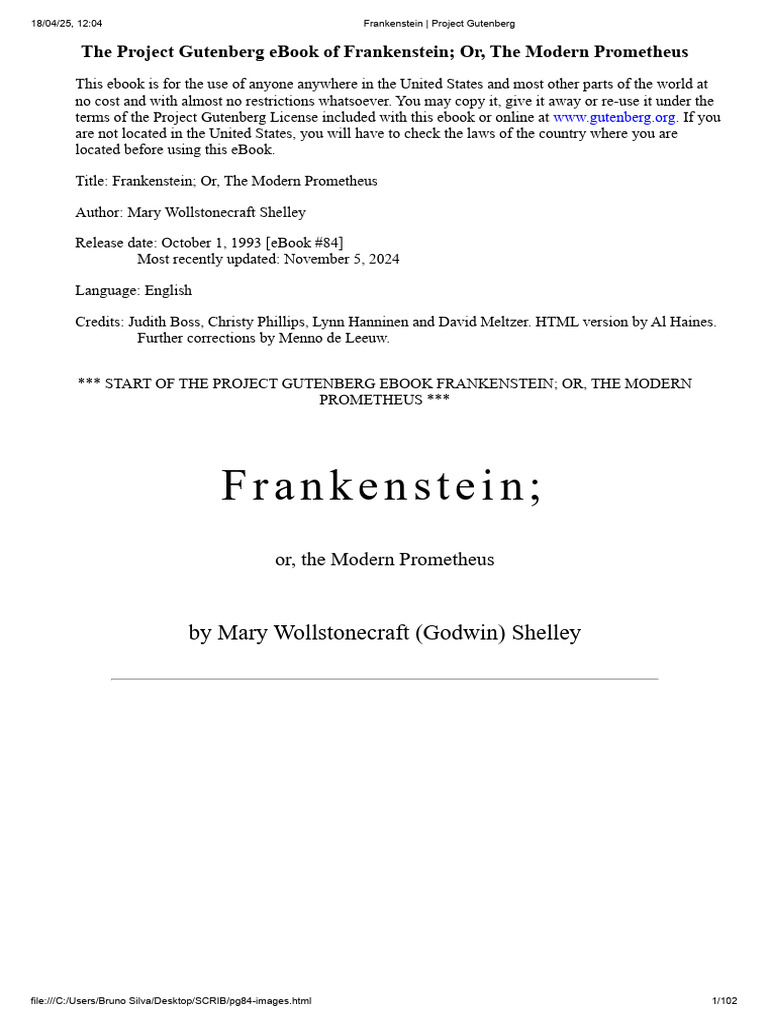 Frankenstein _ Project Gutenberg | PDF | Frankenstein