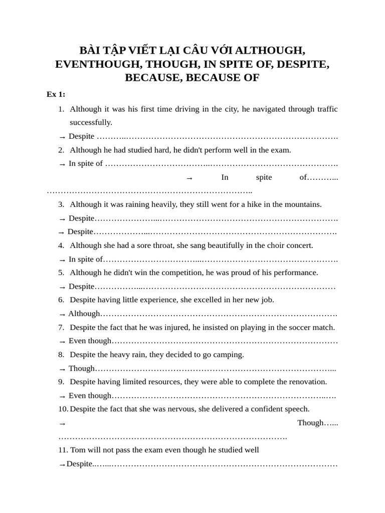 Bài Tập Viết Lại Câu Với Although | PDF