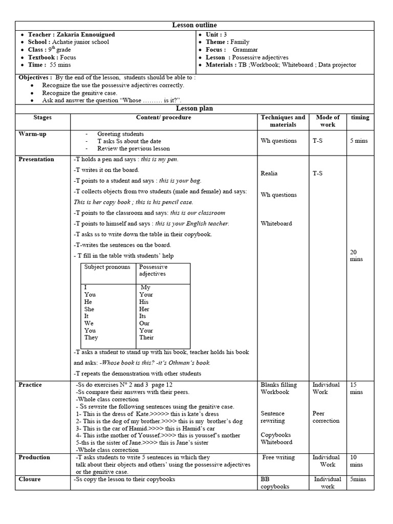 Possessive Adjectives Lesson Plan | PDF | Grammar | Syntax