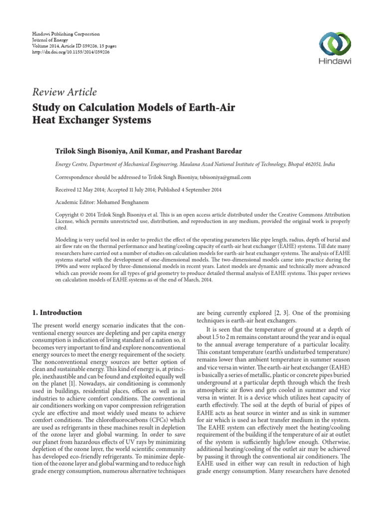 Review Article: Study On Calculation Models of Earth-Air Heat Exchanger ...