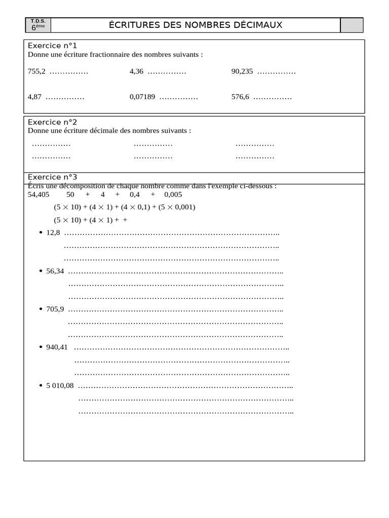 6eme Fiches Tds Numeration Ecritures Des Nombres Decimaux | PDF
