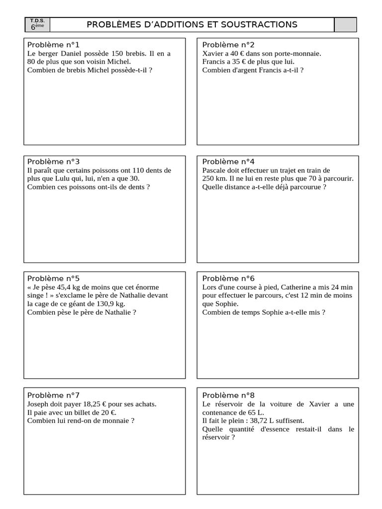 Problèmes d'Additions et Soustractions 6ème | PDF
