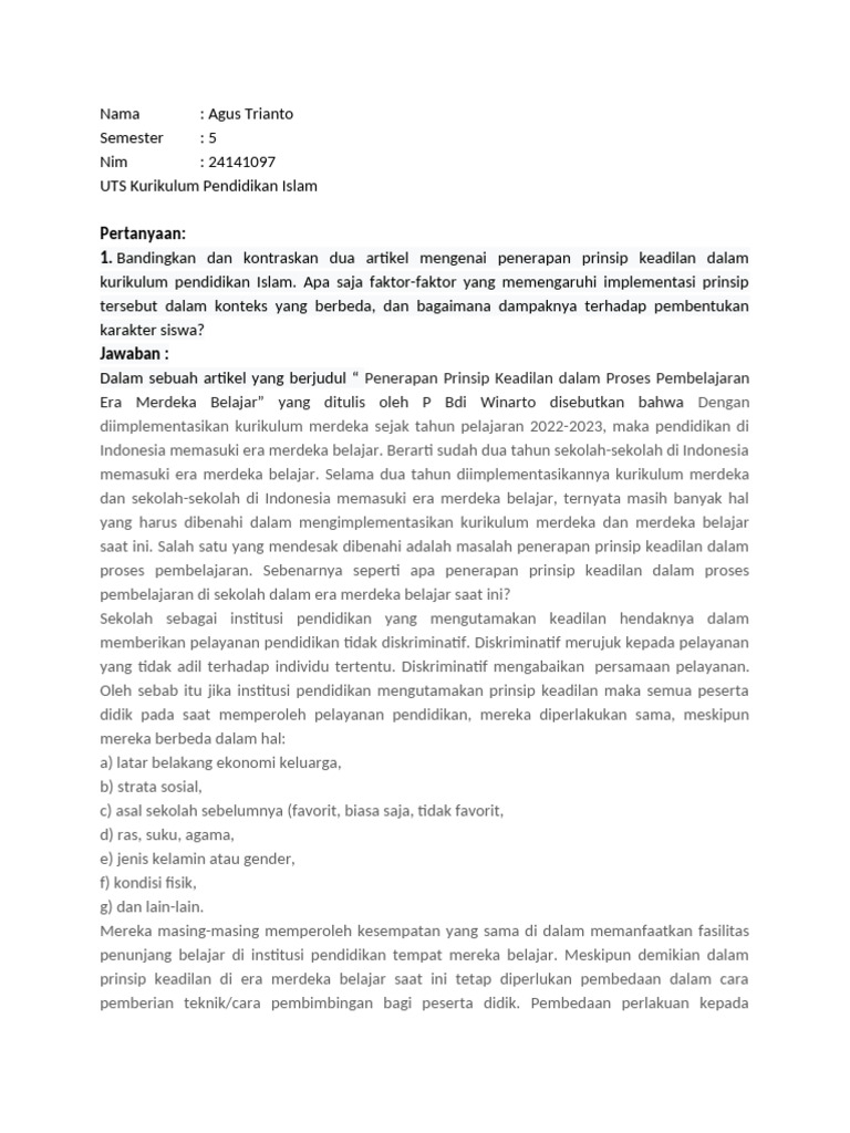 UTS Kurikulum Pendidikan Islam | PDF