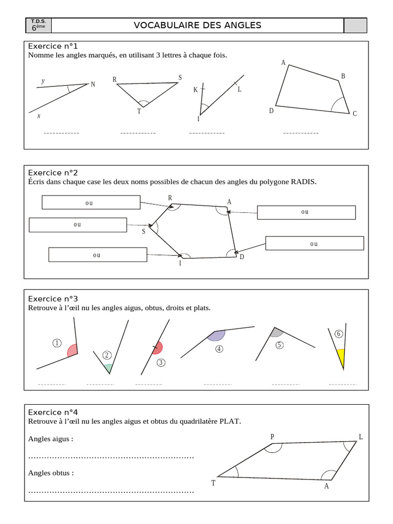 Exercices sur les angles - 6ème | PDF