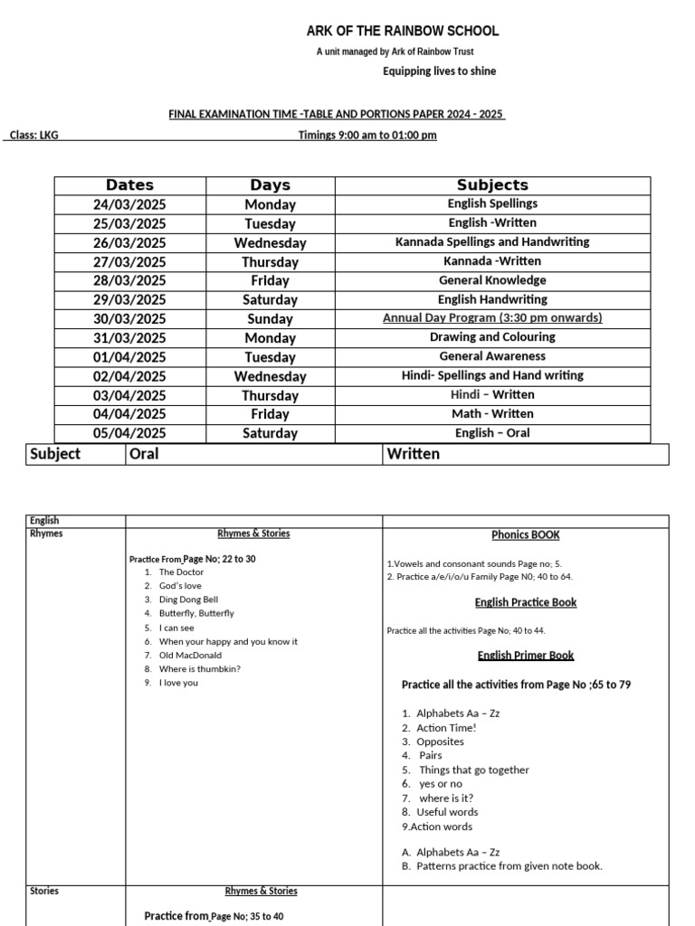 ARK OF THE RAINBOW SCHOOL - LKG Time Table & Portion Paper 2025-1 | PDF