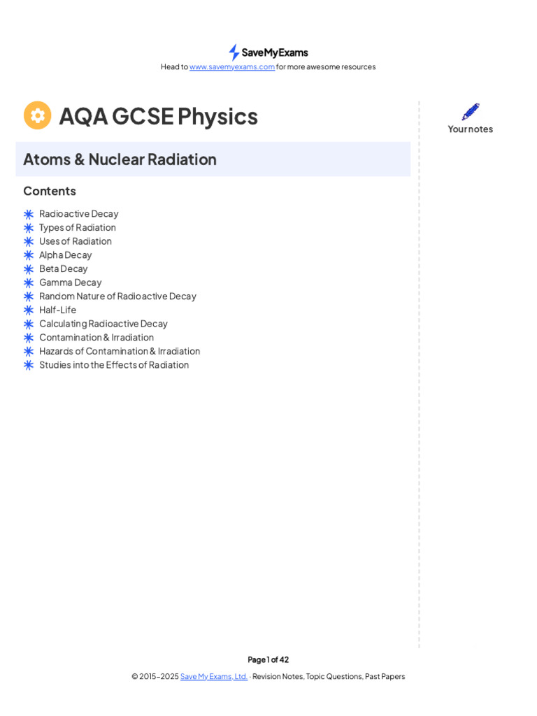 Atoms & Nuclear Radiation - AQA GCSE Physics Revision Notes 2016 | PDF ...