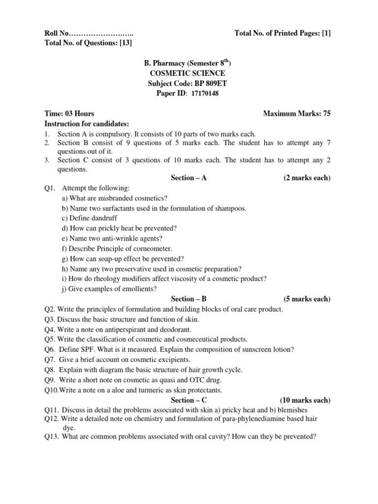 B. Pharmacy Cosmetic Science Exam Guide | PDF