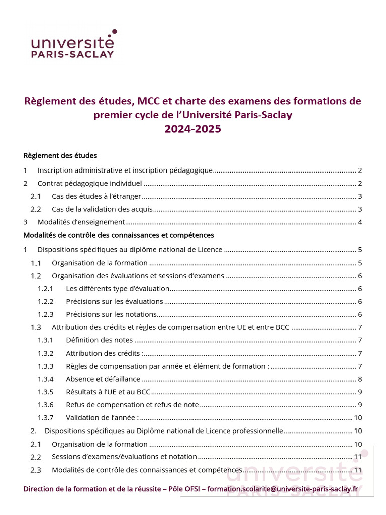 Reglement Des Etudes MCC Charte Des Examens 2024-2025 - Premier Cycle | PDF | Pédagogie | Union ...