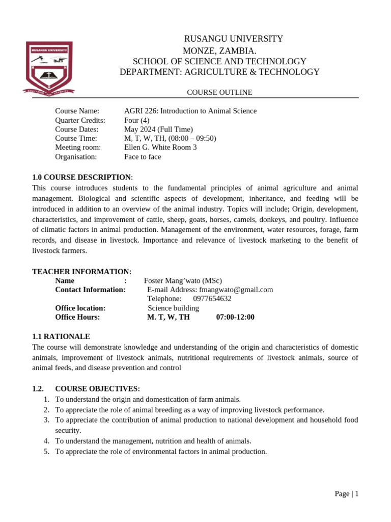 AGRI 226 Introduction To Animal Science Course Outline | PDF ...