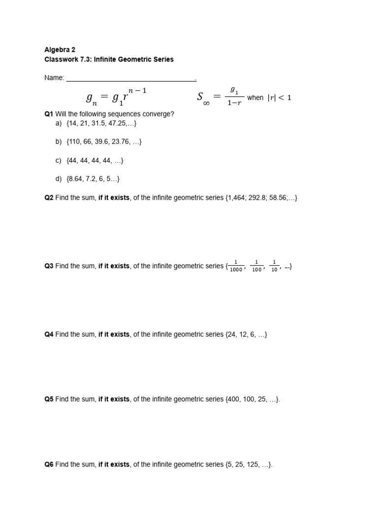 Classwork 7.3: Infinite Geometric Series | PDF