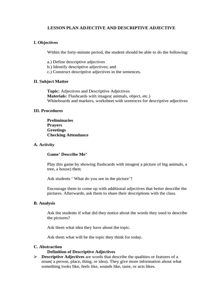 LESSON PLAN ADJECTIVE AND DESCRIPTIVE ADJECTIVE | PDF | Adjective | Lesson Plan