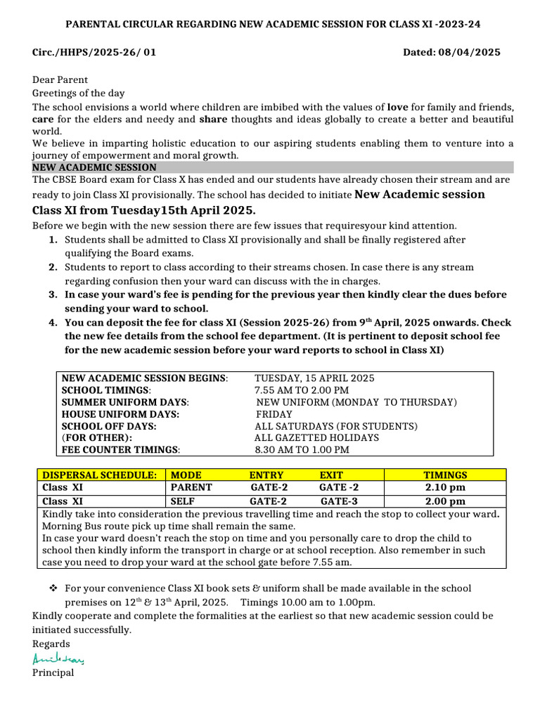 Class XI Academic Session Start 2025 | PDF