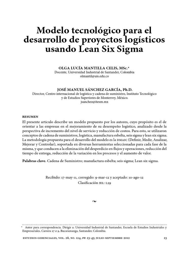 Articulo, Modelo Tecnológico para El Desarrollo de Proyectos Logisticos Usando Lean Six Sigma ...