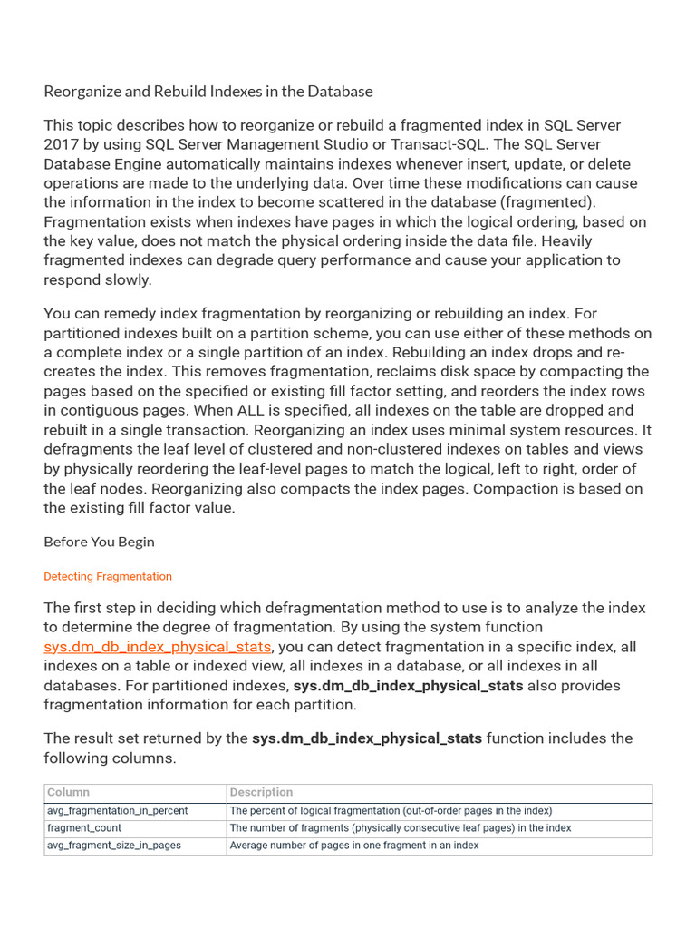 Reorganize and Rebuild Indexes in the Database | PDF | Database Index ...