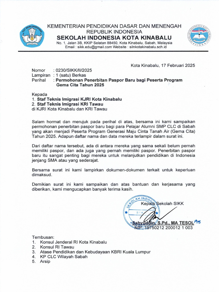 1 - Surat SIKK-Permohonan Penerbitan Paspor Baru Bagi Peserta Program Gema Cita Tahun 2025 | PDF