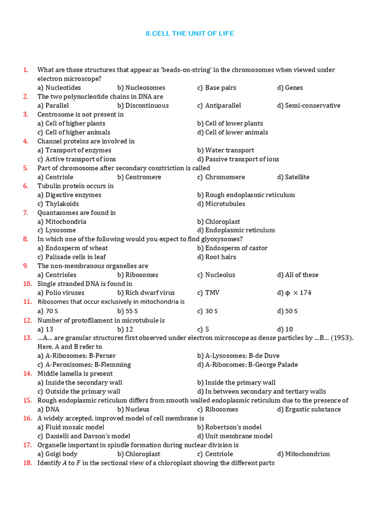 Cell The Unit of Life Questions | PDF | Cell (Biology) | Endoplasmic Reticulum