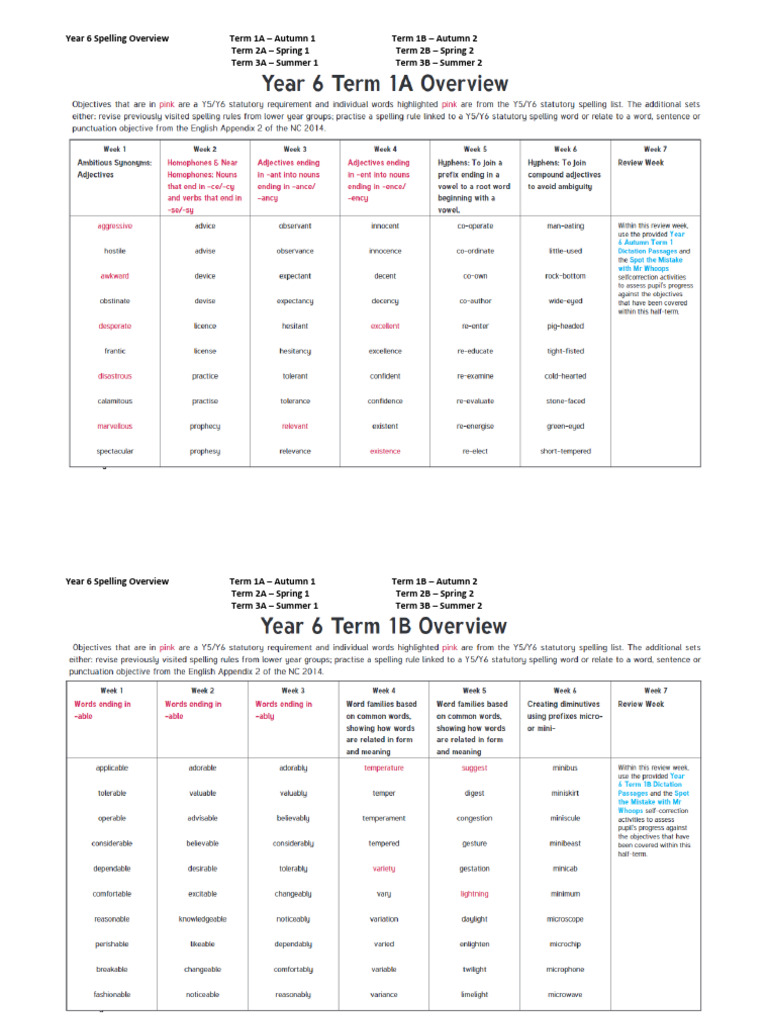 Year 6 Spelling Overview All Terms | PDF