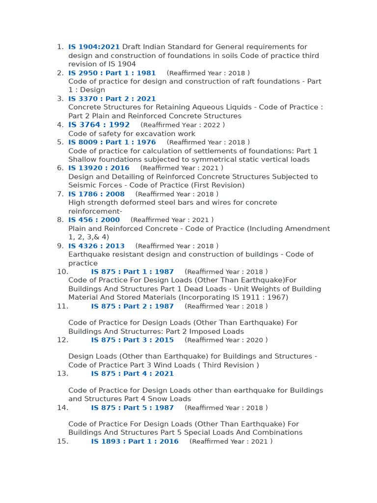 IS Codes for Foundation Design 2021 | PDF