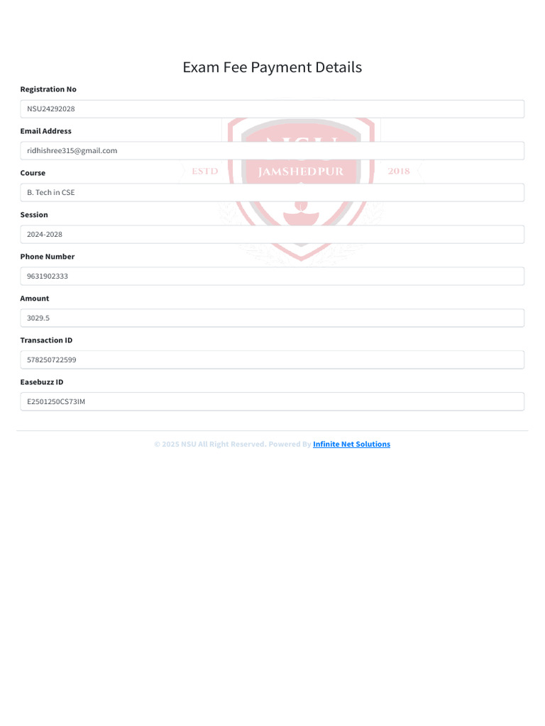 Netaji Subhas University | Student Fee Exam Details | PDF