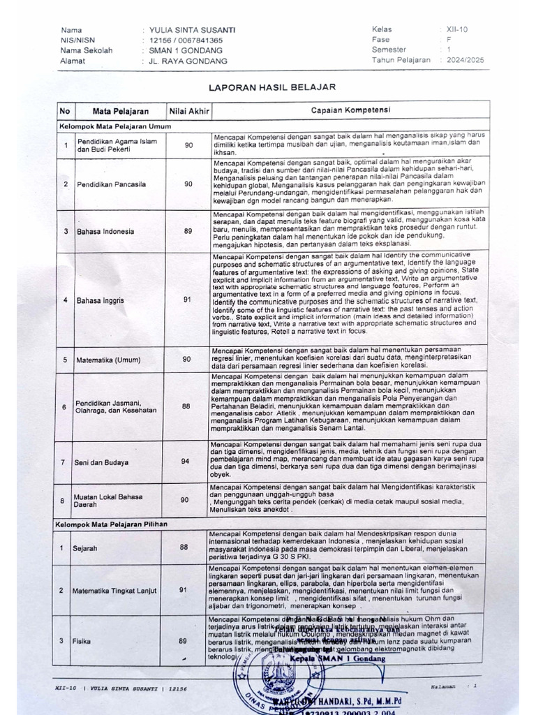 Rapot Semester 5 Yuliasinta | PDF