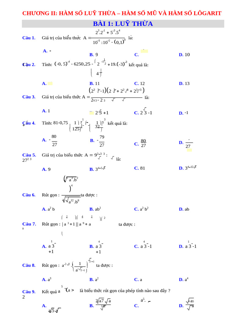 CHƯƠNG II - MU LOG GT 12 HKI 2021 | PDF