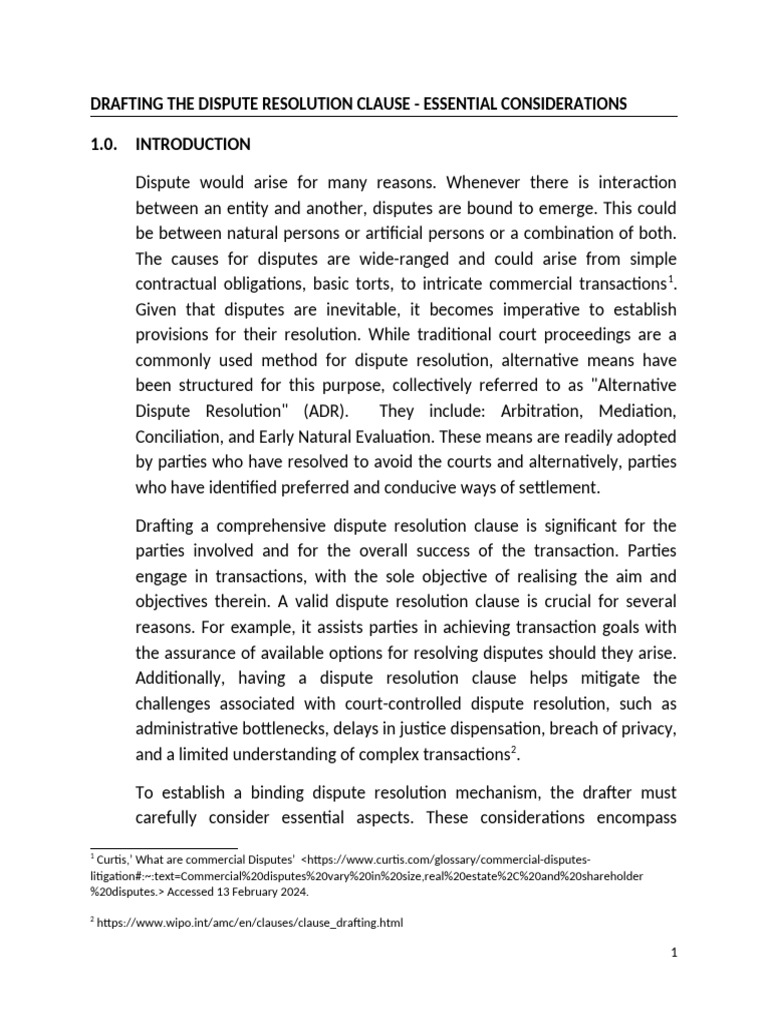 Drafting The Dispute Resolution Clause - Essential Considerations | PDF | Mediation | Arbitration