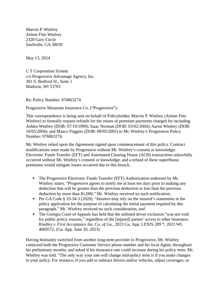 Progressive 976863274 Winfrey 13MAY2024 | PDF | Insurance | Private Law