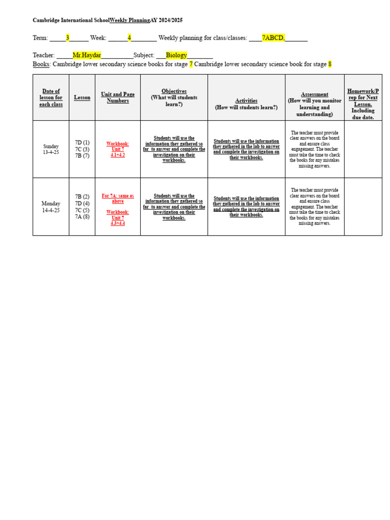 Mr. Haydar, T3W4 Biology, G7&8, 13th April 2025 | PDF | Teaching | Learning