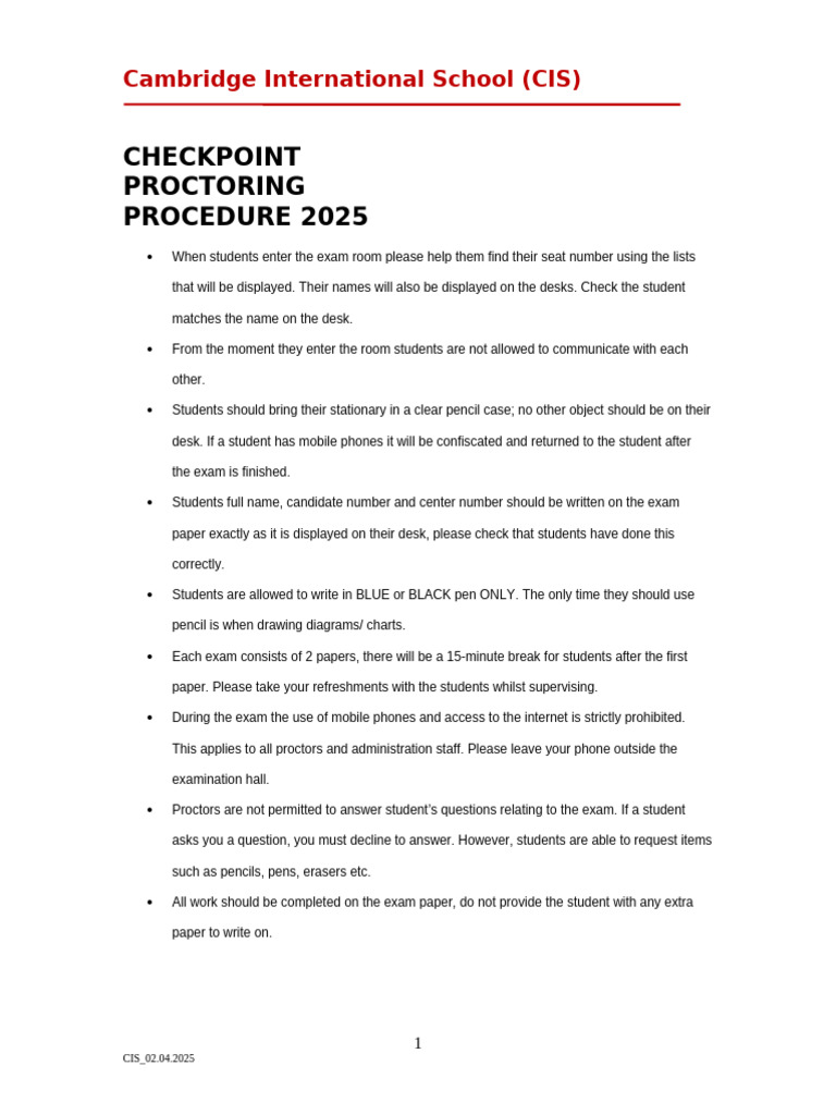 CIS_Checkpoint Proctoring Policy 2025_fabc13bb 8d92 4e9c b6f4 2e2a296d59c7 | PDF