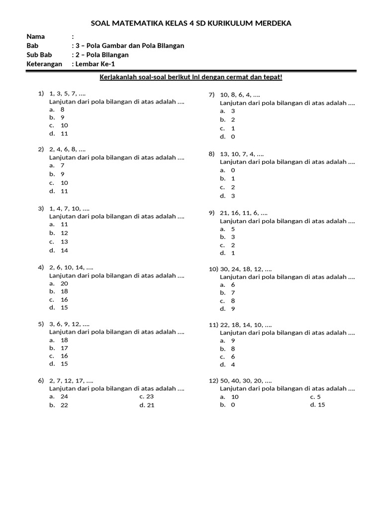 Soal Matematika Kelas 4 SD Bab 3 Pola Bilangan Lembar 1 Pilihan Ganda | PDF