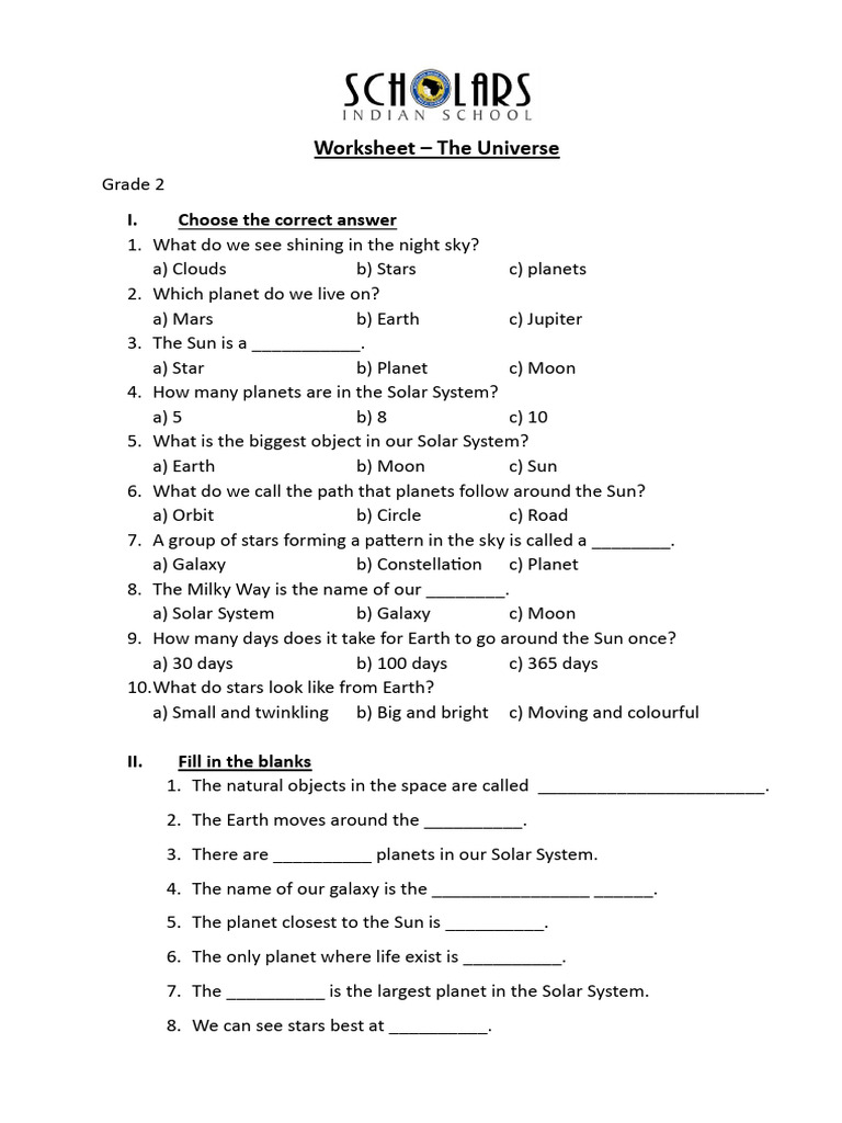 Universe Worksheet for Grade 2 | PDF