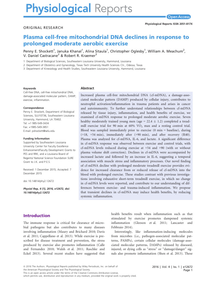 Shockett - Treadmill Exercise - Plasma Cell Free Mitochondrial DNA ...