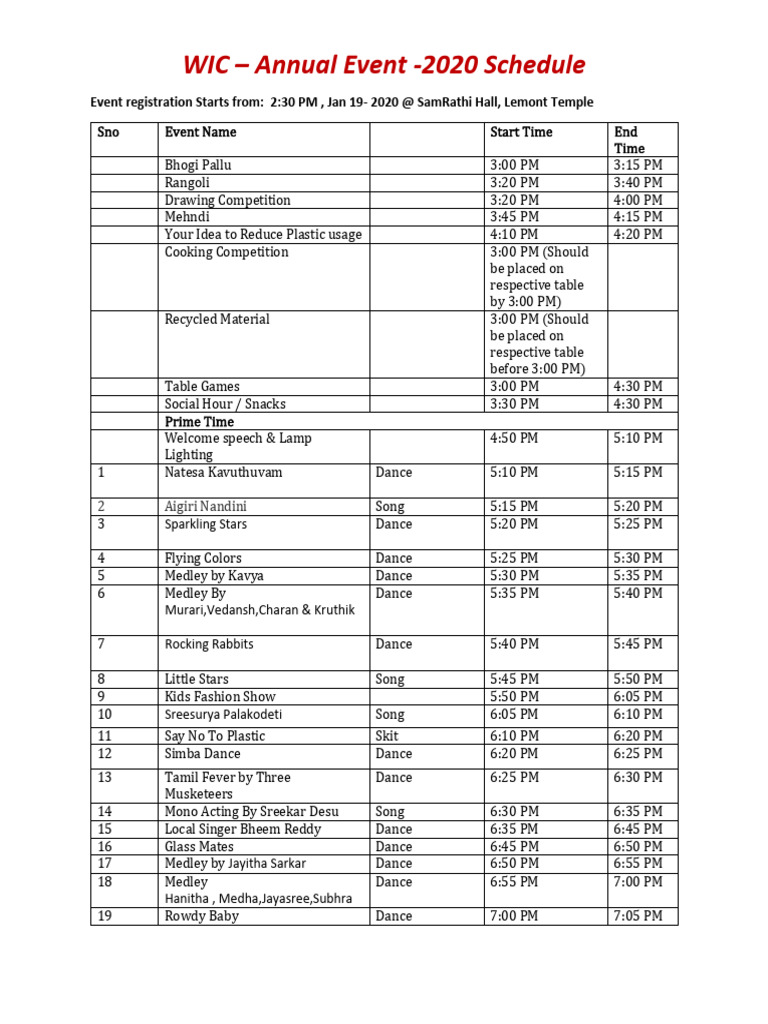 WIC Schedule 2020 Events | PDF