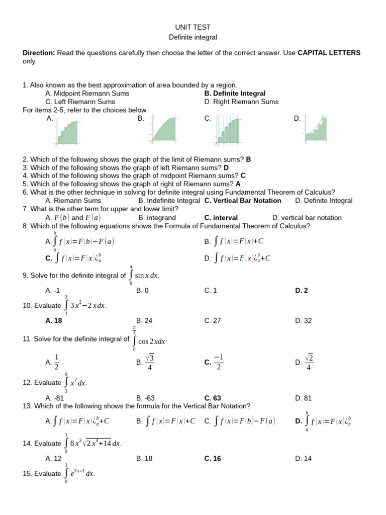Riemann Sums and Definite Integrals Test | PDF | Integral ...