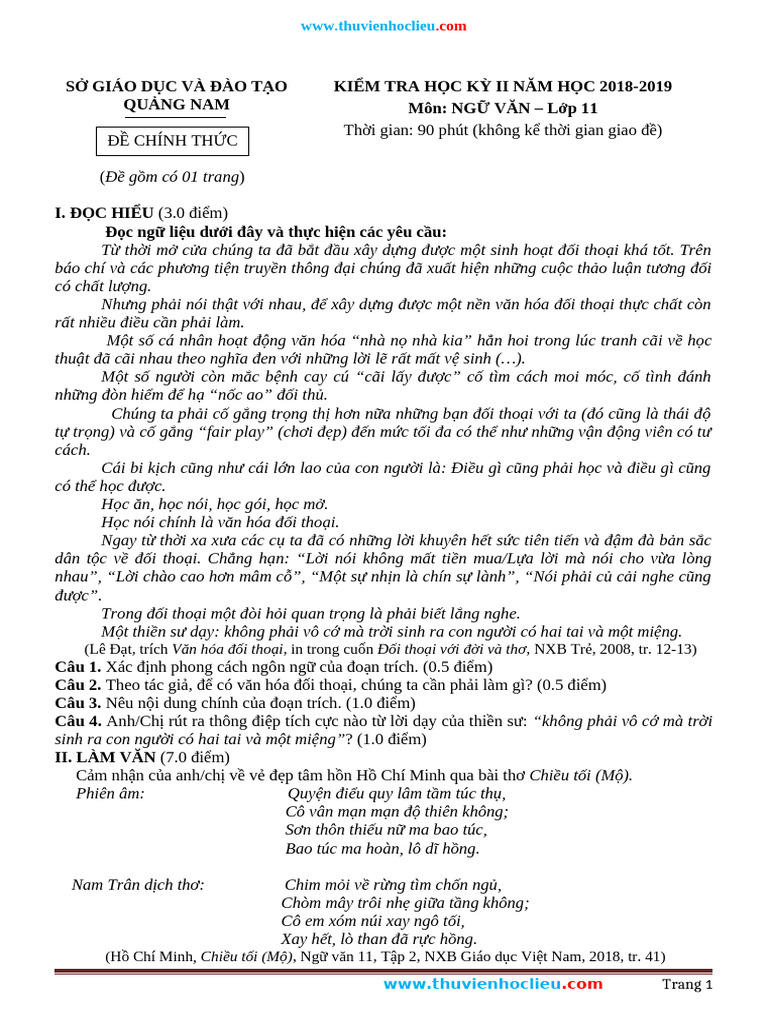 De Thi HK2 Ngu Van 11 Quang Nam 2018 2019 | PDF