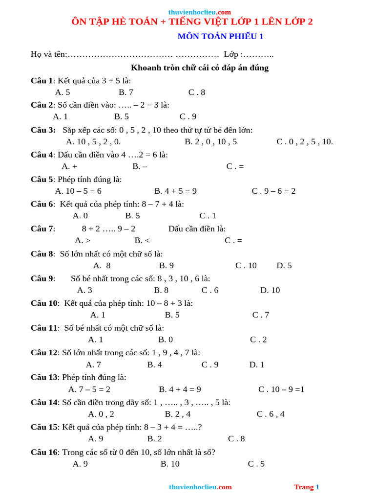 Bo de On He Toan Tieng Viet Lop 1 Len 2 | PDF