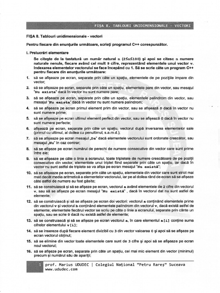 FISA 8. Tablouri Unidimensionale Vectori | PDF
