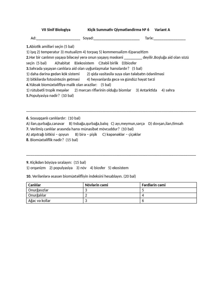 Biologiya 7-Ci Sinif KSQ 6 A, B | PDF