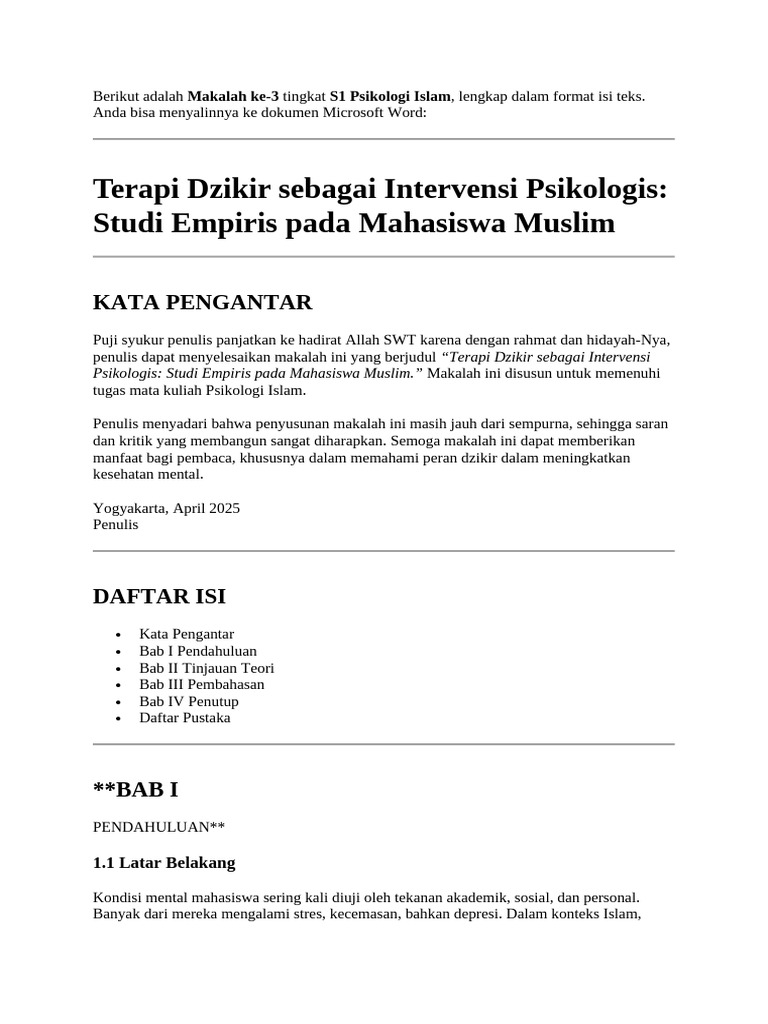 Terapi Dzikir Sebagai Intervensi Psikologis: Studi Empiris Pada Mahasiswa Muslim | PDF