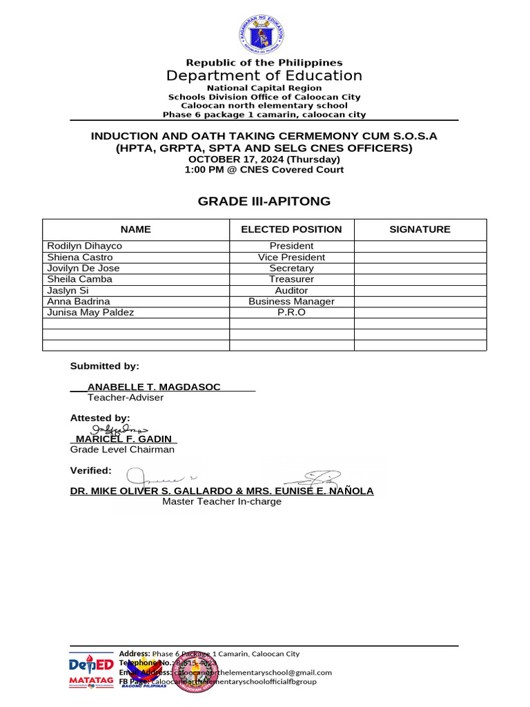 INDUCTION OATH TAKING REGISTRATION Template | PDF