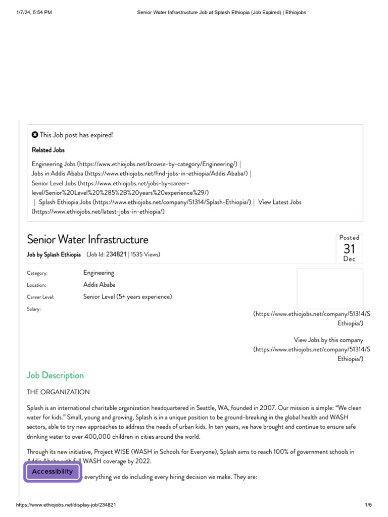 Senior Water Infrastructure Job at Splash Ethiopia (Job Expired ...