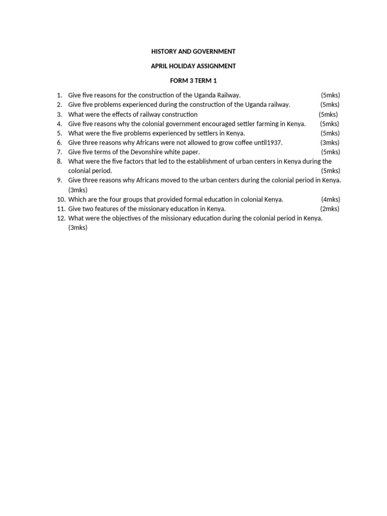 Form 3 History Hldy Assignment | PDF