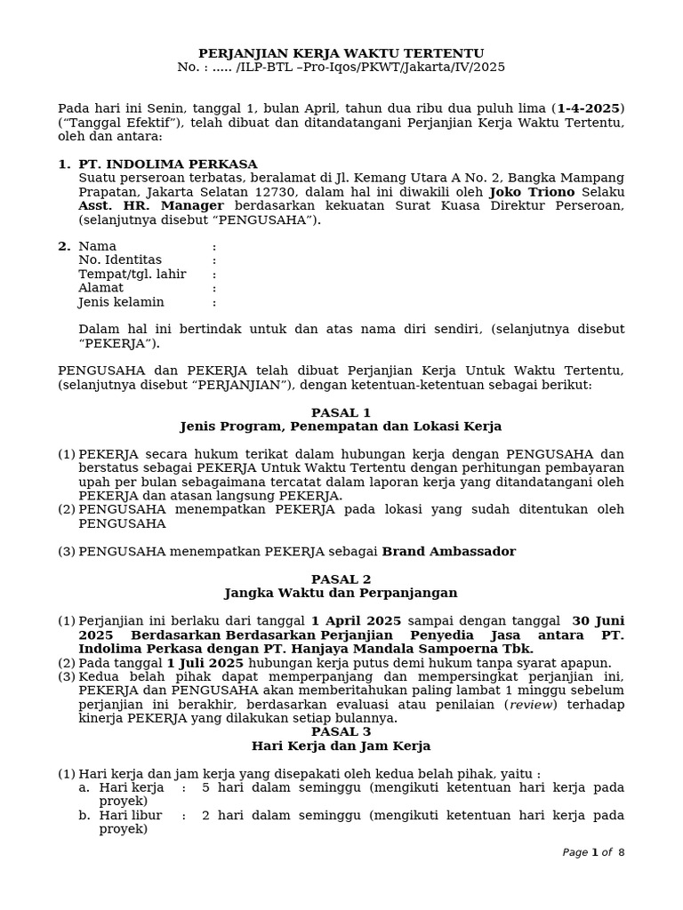 Draft PKWT Project Iqos (Brand Ambassador) | PDF