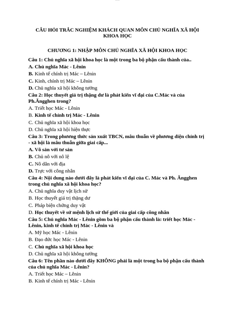 Cau Hoi Trac Nghiem Chu Nghia Xa Hoi Khoa Hoc Truong Dai Hoc Cong Nghi 147165 | PDF