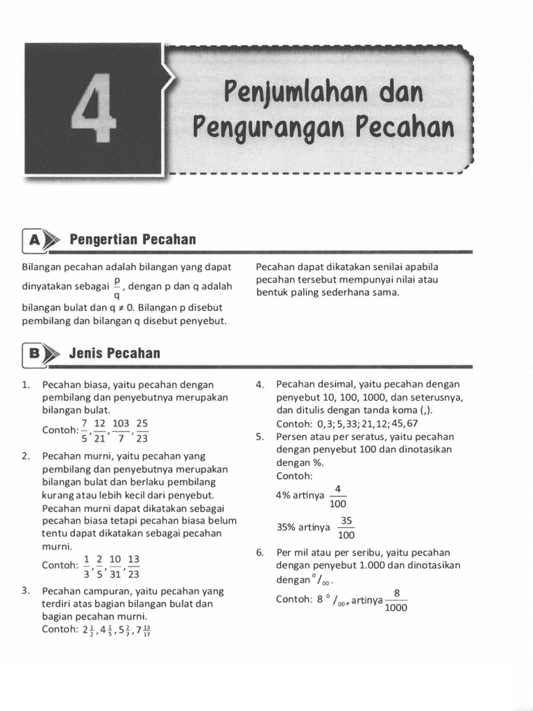 BS SD 4-5-6 Bab MTK (4.Penjumlahan dan pengurangan pecahan) | PDF
