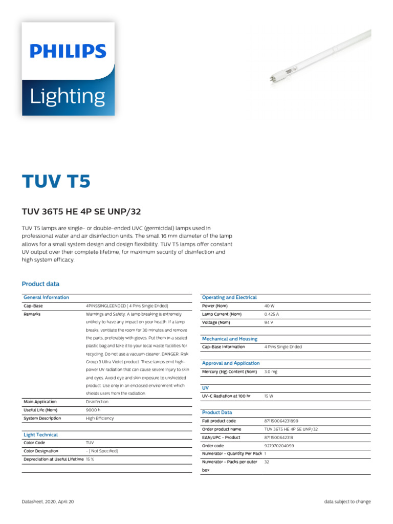 TUV 36T5 HE UVC Lamp Specifications | PDF | Ultraviolet | Light