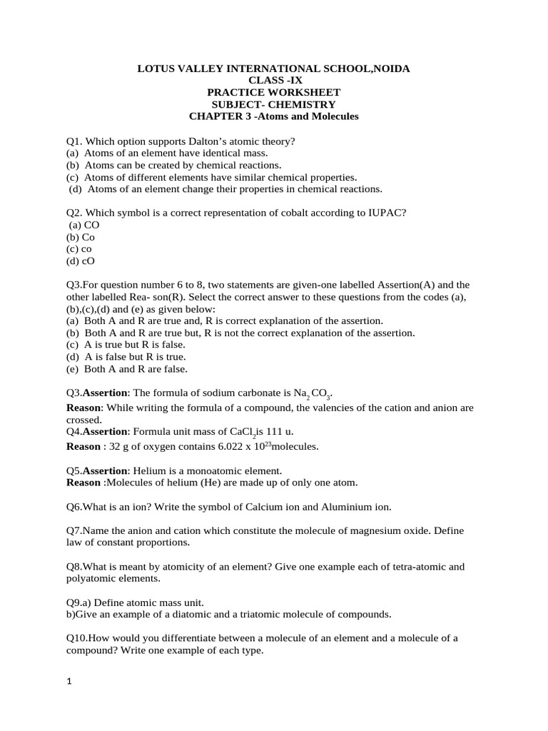 Worksheet Class 9 Chapter 3 | PDF | Ion | Chemical Compounds